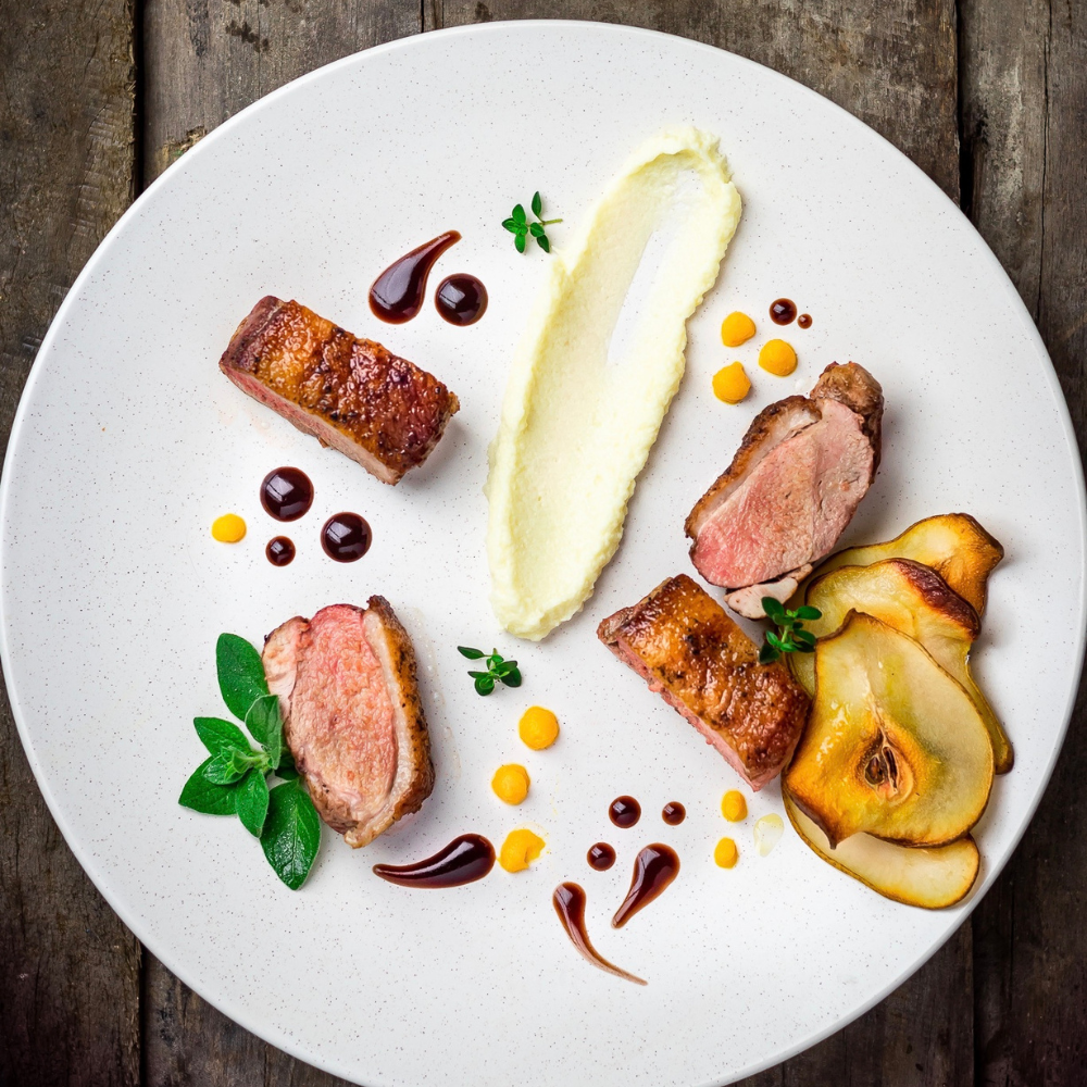 Sear Duck Breast with Red wine jus, Pear Chips with cauliflower & carr ...